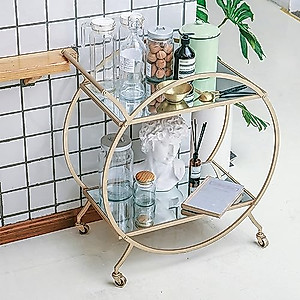 VLOBAOM 2-Tier Round Bar Serving Cart with Mirror Glass Shelves, Golden Dining Car Trolley, Standing Shelf Units, Flower Stand Display Rack,27''Dx15''Wx29''H,Gold