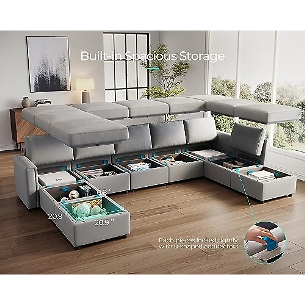 LINSY HOME Modular Sectional Sofa, Oversized Sectional Couch with Storage, Ottomans, Modular Sectional Sleeper Sofa with Memory Foam, 9 Seat U Shape Sofa Set for Living Room, Grey