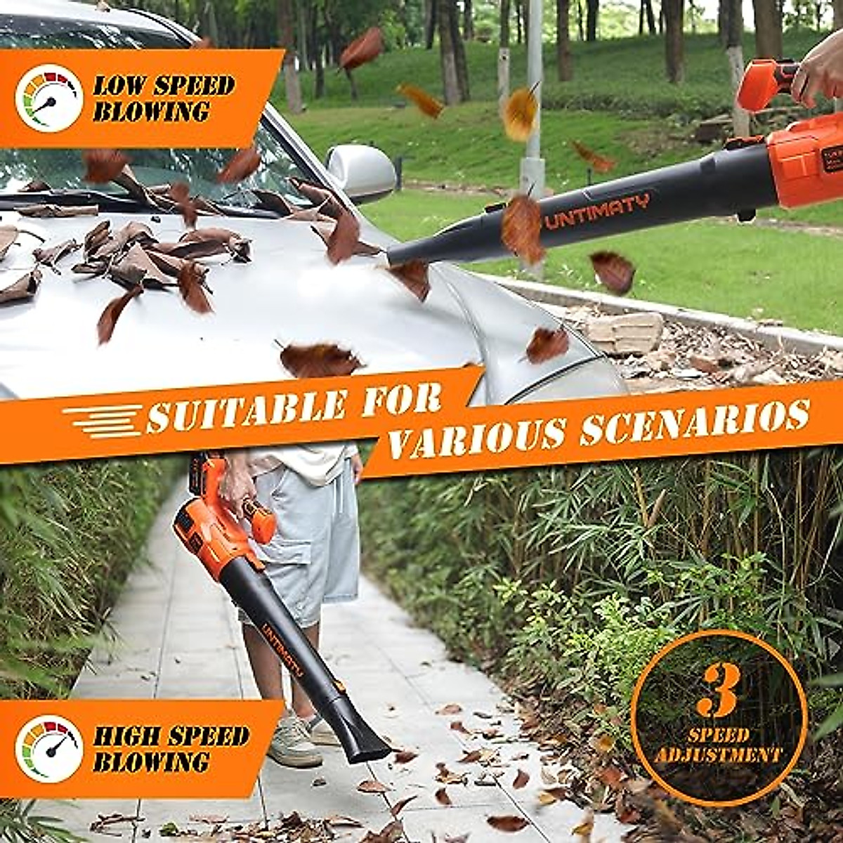 Cordless Leaf Blower 400 CFM Electric Blower with 2 Packs 4.0Ah Battery Powered 3-Gear Wind Speed Handheld Lightweight Blower for Lawn Yard Garden （2pcs Battery）