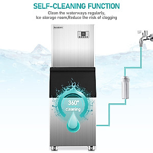 Commercial Ice Maker, SodaPer 110V Automatic Ice Making Machine Stainless Steel 472 lbs/24H, Storage Capacity 350 lbs, Freestanding Ice Maker Machine for Office/Restaurant/Bar/Coffee