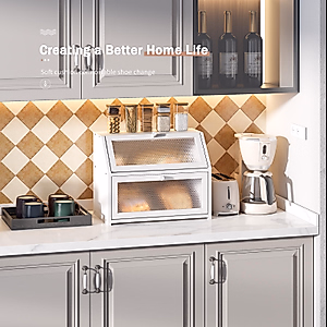 STDDRE Bread Box for Kitchen Countertop Bin Double Layer Bread Box Storage Container Extra Large Capacity Farmhouse Bread Box with Diamond Pattern Windows(Bamboo White)