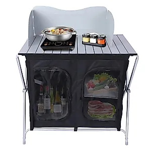 REDCAMP Aluminum Camping Table with Roll Up Table Top and Storage, Portable Folding Outdoor Grill Table for Picnic BBQ Cooking, Silver