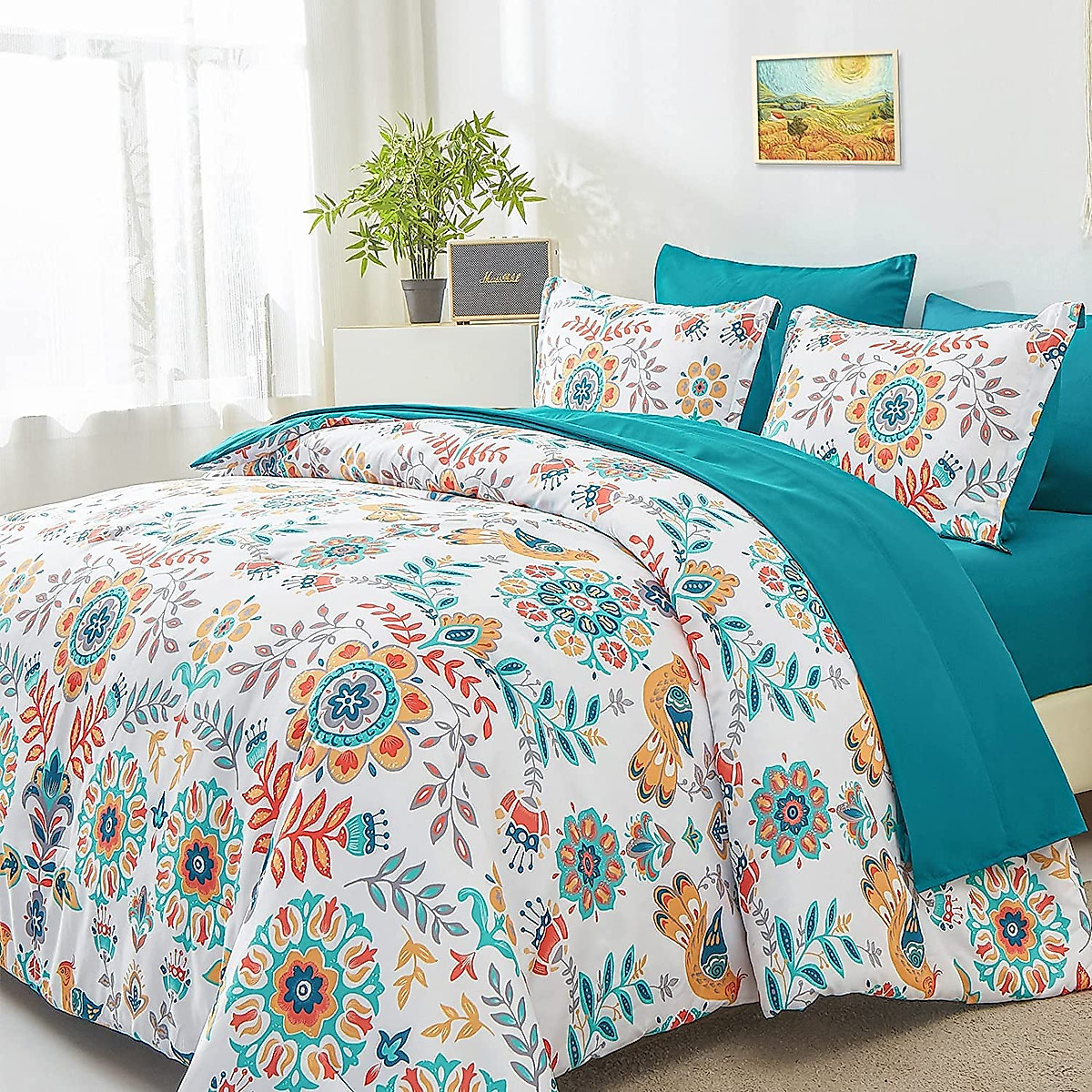 DHSFKBE Boho Comforter Set Twin - 5 Pieces Bed in a Bag Floral Medallions Design, Bohemian Comforter Set with Sheets, Soft Microfiber Complete Bedding Sets All Season (Teal Blue, Twin)