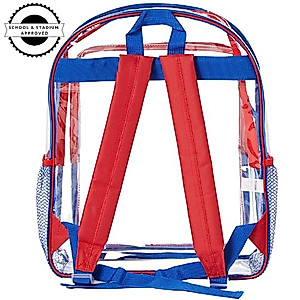 Red and Blue Clear Backpack for School, 16 inch Stadium Approved Transparent Bag