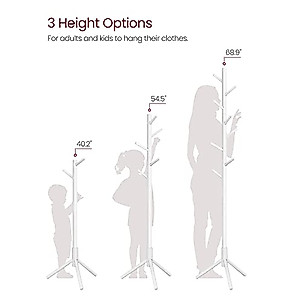 VASAGLE Solid Wood Coat Rack, Free Standing Coat Rack, Tree-Shaped Coat Rack with 8 Hooks, 3 Height Options, for Clothes, Hats, Bags, for Living Room, Bedroom, Home Office, White URCR04WT