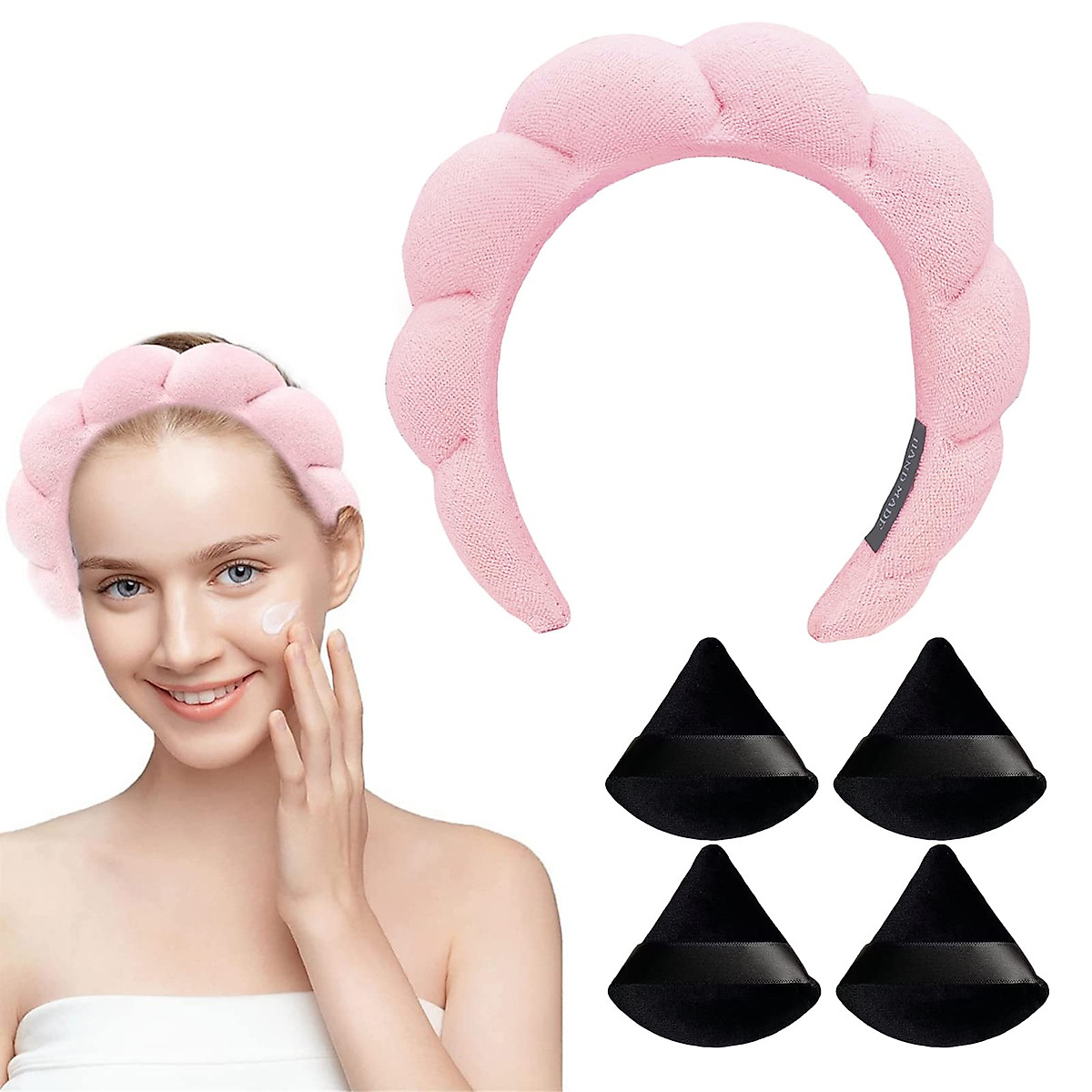 UCHARMORE Spa Headband for Women, Makeup Headbands with Triangle Powder Puff, Sponge and Terry Towel Cloth Fabric Hair Band and Versed Headband for Face Washing, Makeup Removal, Shower, Skincare