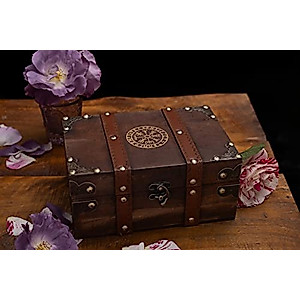 Gbrand 8.3" Wood and Leather The Runic Viking Compass Chest Box, Vegvisir Engraved Wooden Treasure Box with Velvet Lining, Vintage Tarot Box (Box Only)