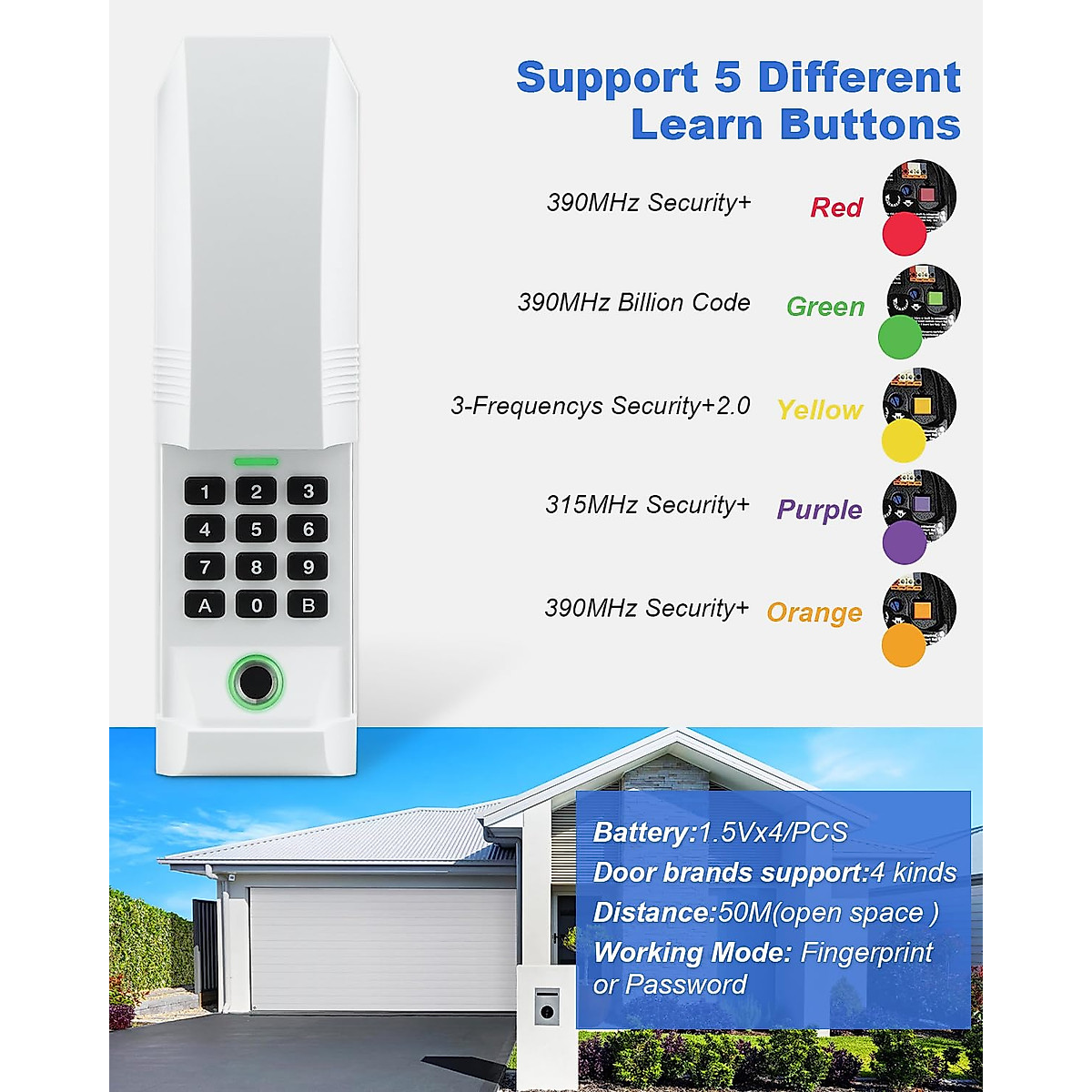 Universal Fingerprint Garage Door Keypad Fit for Liftmaster Chamberlain Craftsman Opener Unlock with Fingerprint Control Multiple Doors Replace 877max G940EV-P2 877Lm Wireless Keyless White