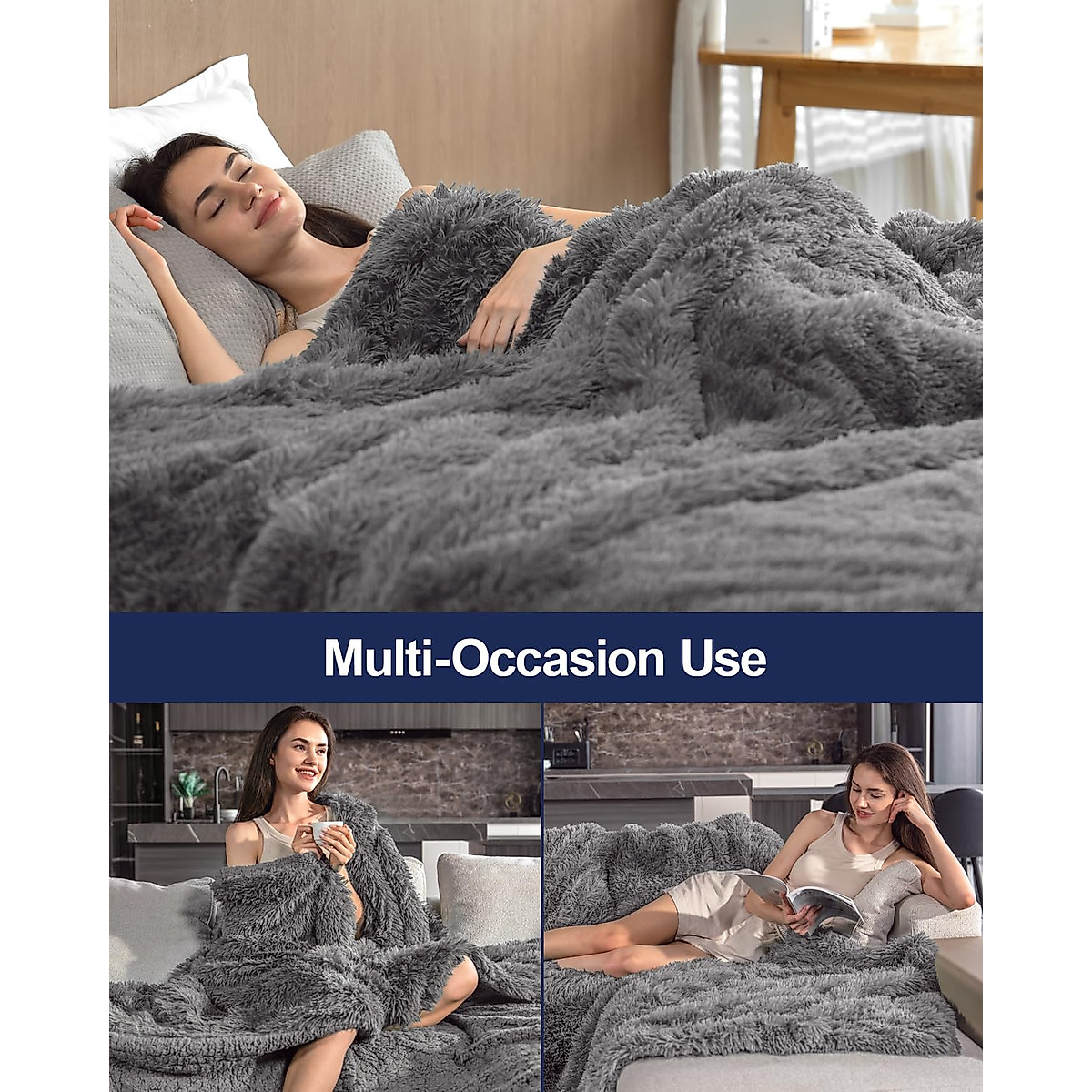 Pawque Faux Fur Blankets Twin Size 50x60 inches, Super Soft Fuzzy Fluffy Blanket, Warm Thick Sherpa Long Hair Shag Reversible Lightweight Cozy Throw for Bedroom Sofa Couch, Grey