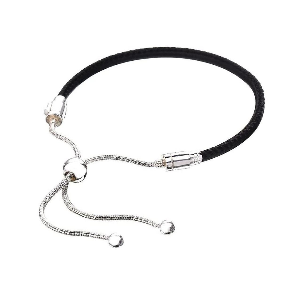 Adjustable European Charm Bracelets 3mm Steel Snake Chain Fits Pandora Beads Pendants & More (Black Leather Sliding Bracelet)