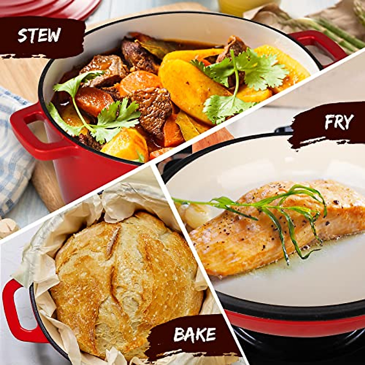 Overmont 2 in 1 Enameled Cast Iron Dutch Oven with Skillet Lid & Cookbook for Induction, Electric, Grill, Stovetop, Bread Baking (5 Quart)