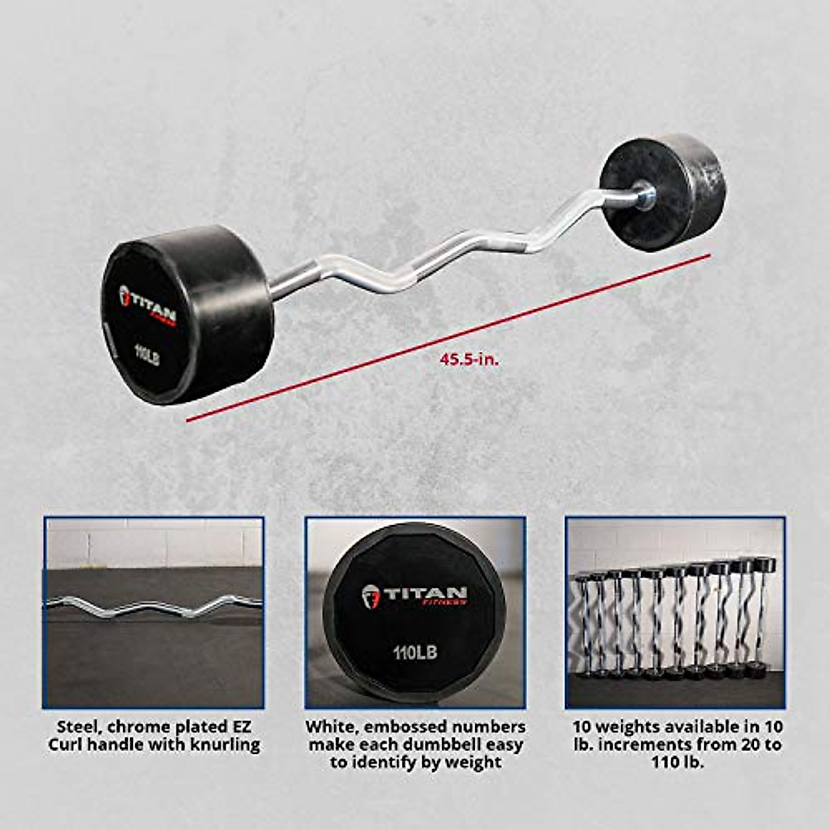 Titan Fitness Rubber Fixed Barbell EZ Curl 50 LB