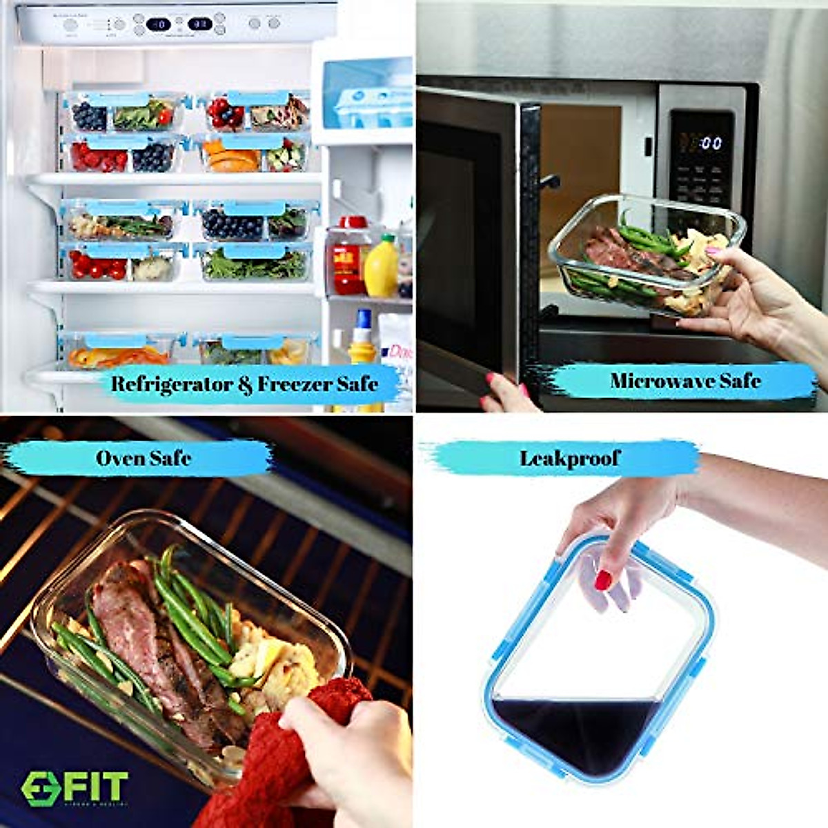 FIT Strong & Healthy 3 Compartment Glass Meal Prep Containers (3 Pack, 32 oz) - Glass Food Storage Containers with Lids, Glass Lunch Box, Glass Bento Box Lunch Containers, Portion Control, Airtight