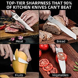 KnifeSaga 2024 Upgraded Knife Set 14 Piece Premium Japanese High Carbon Stainless Steel Kitchen Knife Block Sets with Built-in Sharpener, Razor Sharp Knives Set for Kitchen, Angled Acacia Wood Block