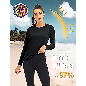 MAGCOMSEN Women's UPF 50+ SPF Long Sleeve Swim Shirt, Fishing & Hiking Rash Guard - Black