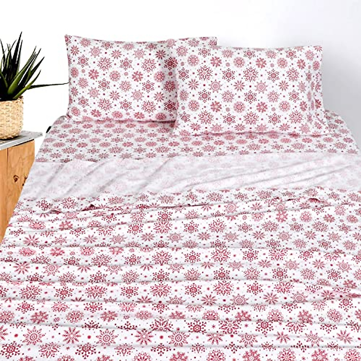 Sleepdown 100% Cotton Flannel Sheets - Super Soft Heavyweight, Double Brushed, Anti-Pill Flannel Bed Sheets - Cal King Sheets Deep Pocket Fitted Sheet X2 Side Pockets (California King, Merry Flakes)