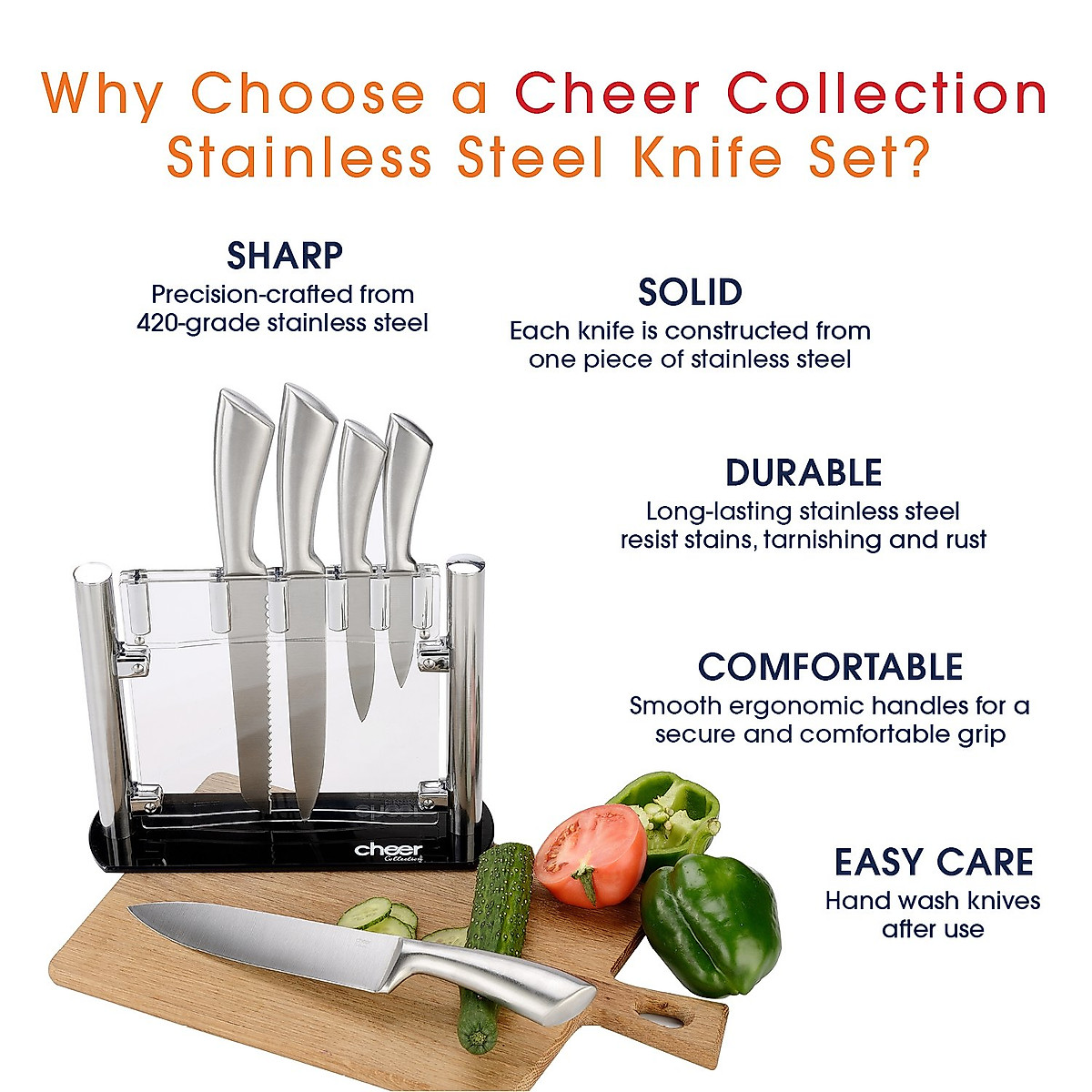 Cheer Collection Stainless Steel Chef Knife Set with Acrylic Stand (6-Piece) Professional Kitchen Utensils - Sharp Serrated and Standard Blades for Mincing, Chopping, Slicing