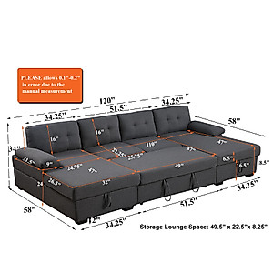 Beaugreen Modern Modular Sofa Couch, Dark Grey - Sectional Sleeper with Pull Out Bed, Double Storage Chaise, 4 Seater
