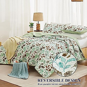WRENSONGE Quilts Queen Size, 3 Pieces Green Leaf Summer Reversible Quilt Bedding Sets, Soft Lightweight Microfiber Floral Pattern Printed Bedspread Coverlet for Bed, Couch, Blanket All Season 90"*94"