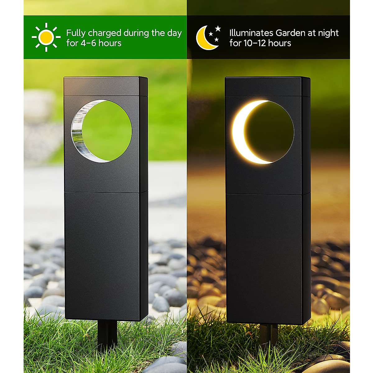 E-Kong Solar Outdoor Lights 6 Pack, Bright Pathway Outdoor, Achieve IP65 Waterproof, Moon Shape Landscape, Auto On/Off for Outside Yard Garden Path, Warm White