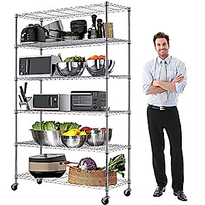 Hkeli 6 Tier Storage Metal Shelf 82''x48''x18'' Sturdy Steel Heavy Duty Wire Shelving Unit with Wheels Commercial NSF Rack for Restaurant Garage Pantry Kitchen Office