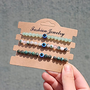 Cool Natural Stone Beaded Bracelets 3Pcs/Set Evil Eye Elastic Rope Bracelets Turquoise Onyx Agates Bracelet for Women Men Gifts - ( Metal Color: Red Onyx 1Pc; Length: 17 cm )