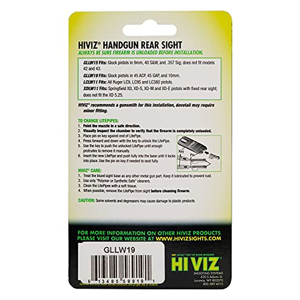 HIVIZ GLLW19 Interchangeable LITEWAVE Rear Handgun Sight for Glock 45 ACP/10mm/45 GAP Green, Red, White