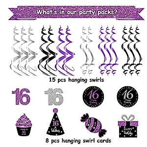 Sweet 16 Birthday Decorations Purple Silver Black for Women/Girl 16th Birthday Party Decoration Purple Silver Black Foil Hanging Swirls Decorations Girl 16th Birthday Party Hanging Decor / Swirls of 15pcs