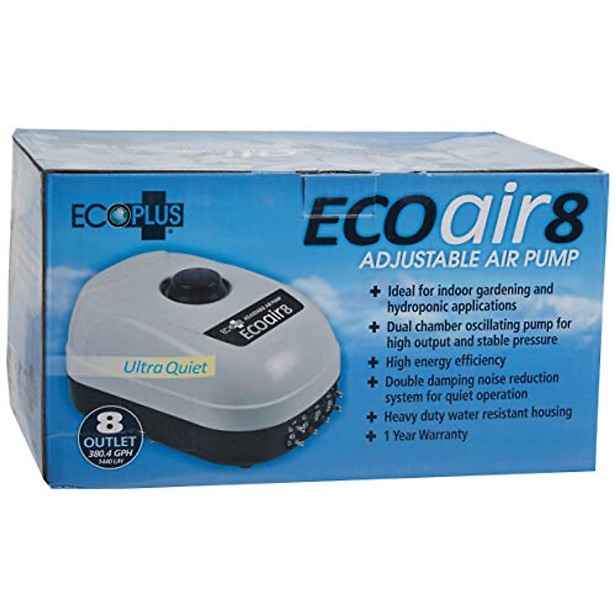 EcoPlus 380 GPH (1440 LPH, 13W) Air Pump w/ 8 Outlets | Aquarium, Fish Tank, Fountain, Pond, Hydroponics