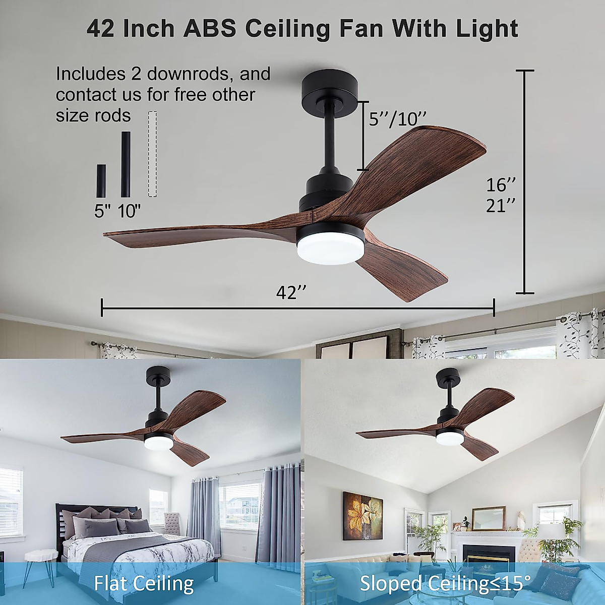 OMYU 42 Inch Ceiling Fan with Lights, ABS Blades 3 Color Temperatures and Quiet Reversible DC Motor, Modern Brown 42 Inch Ceiling Fans for Bedroom Living Room Study Office