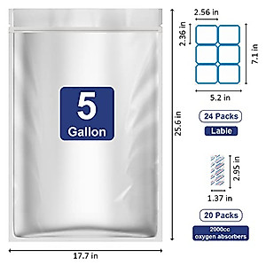 20 PCS 5 Gallon Food Storage Bags- 10 Mil Thick Resealable Mylar Bags with 2000cc Oxygen Absorbers for Home, kitchen, Camping, Hiking, Boat, Long Trips, Fishing, Travelling, Beach Food Storage