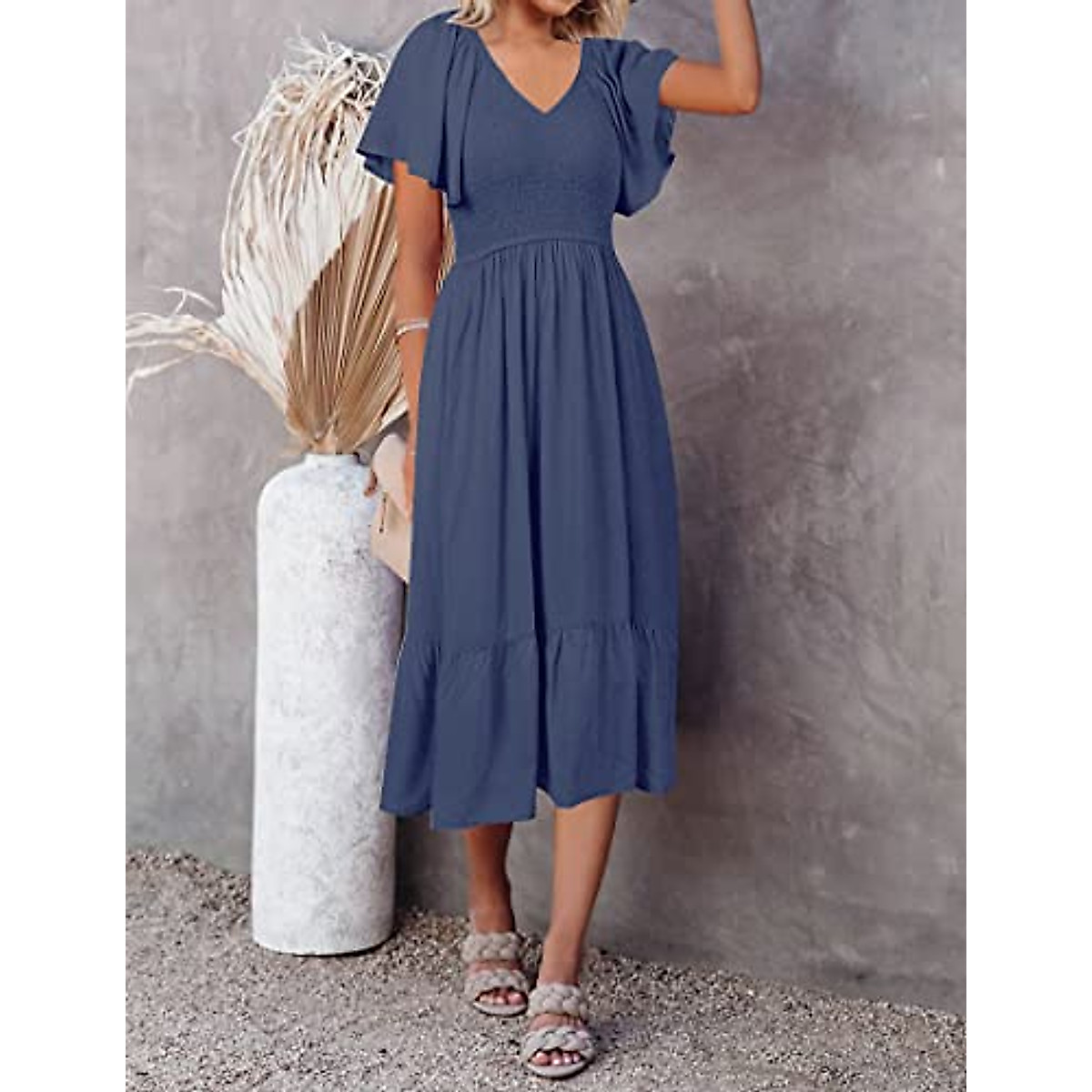 MEROKEETY Womens V Neck Smocked Midi Dress Ruffle Sleeve Elastic Waist Flowy Dress with Pockets, Dustyblue, S