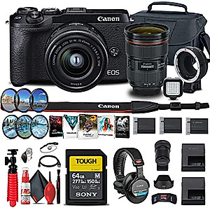 Canon EOS M6 Mark II Mirrorless Digital Camera with 15-45mm Lens and EVF-DC2 Viewfinder (Black) (3611C011) + Canon EF-M Lens Adapter + Canon EF 24-70mm Lens + 64GB Tough Card + Case + More (Renewed)