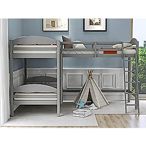 STP-Y Twin Over Twin Bunk Bed with 2 Ladders, Twin L-Shaped Bunk Bed and Loft Bed with Full-Length Guardrail, 3 Solid Wooded Bed Frames for Kids (Gray)