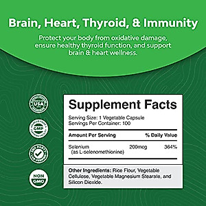 Pure Selenium Thyroid Support Supplement - Selenium 200mcg Antioxidant Supplement and Natural Immune Booster for Adults - Adult Immune Support Vitamins and Mind and Memory Supplement for Brain Support