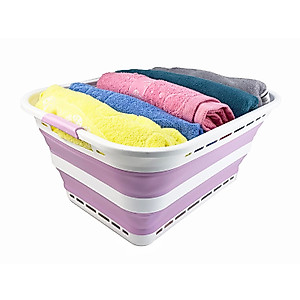 SAMMART 42L (11 gallons) Collapsible Plastic Laundry Hamper/Basket - Foldable Storage Container/Organizer - Portable Laundry Basket - Easy Storage Space Saving White/Pale Purple)