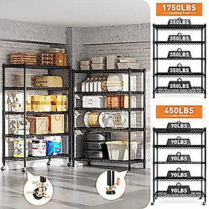 REIBII Wire Shelving Rack Garage Shelving with Wheel 5 Tier Metal Shelving Unit 1750LBS Adjustable Wire Shelf for Garage Storage Shelves Rolling Heavy Duty Shelving Metal Shelves for Storage Pantry