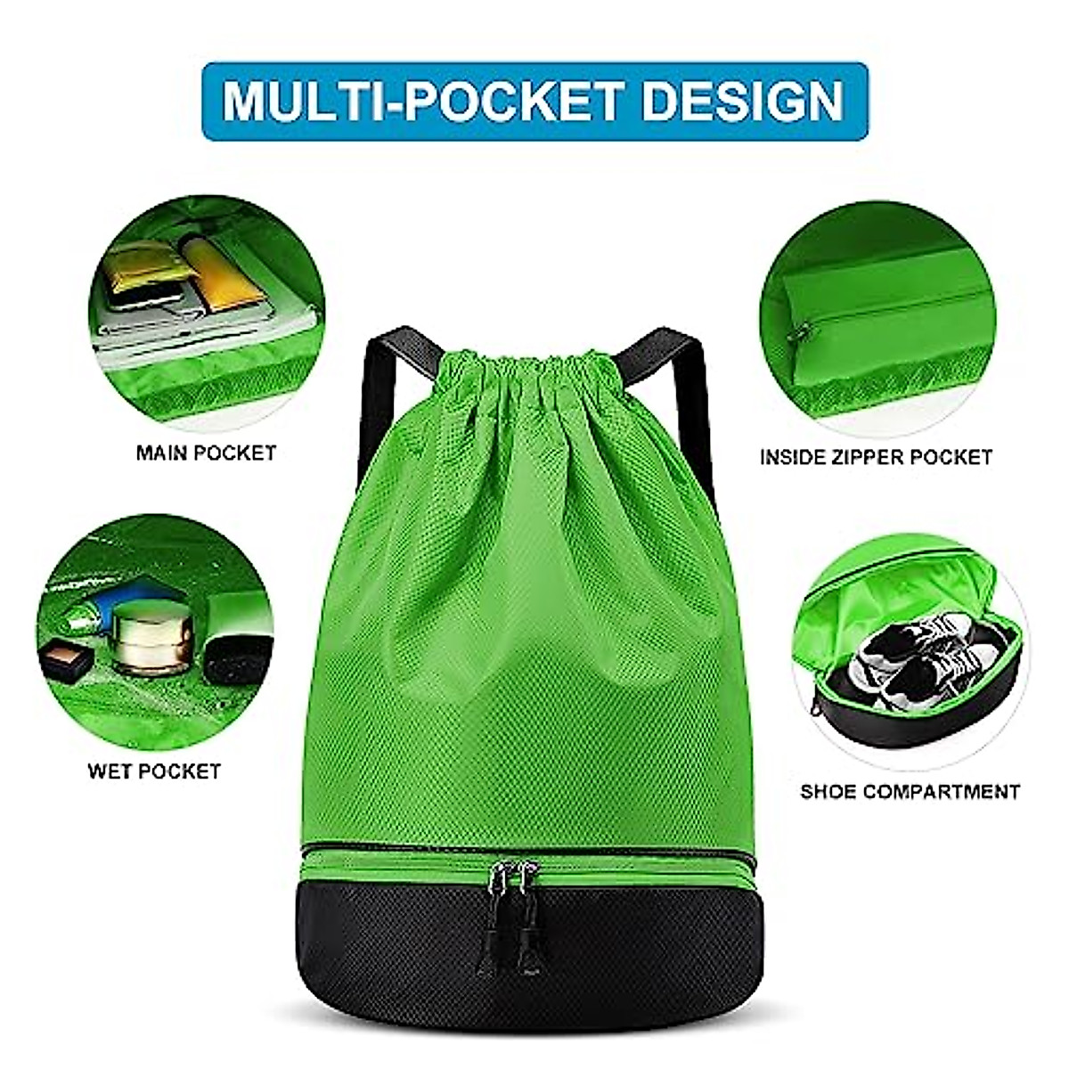 Qoosea Drawstring Backpack Sports Gym Bag with Shoe Compartment Water Resistant Drawstring Sackpack for Women Men (Green)