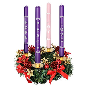 Advent Candles with Words Love, Peace, Hope, Joy On The Candles - Christmas Advent Candle Set of 4 for Advent Rings and Advent Wreaths- Premium Hand Made - Self Fitting End - for Church Advent Wreath