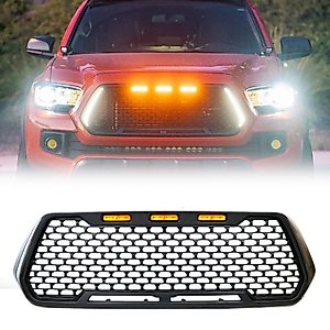ToxicStorm Mesh Grille Front Grill Matte Black Compatible for Toyota Tacoma 2016-2019 with DRL & Turn Signal Lights and 3 Amber LED Lights