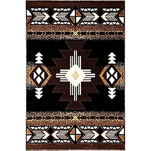 Allstar 5x7 Black and Mocha Navajo Machine Carved Effect Rectangular Accent Rug with Ivory and Espresso Geometric Design (5' 2" x7' 1")