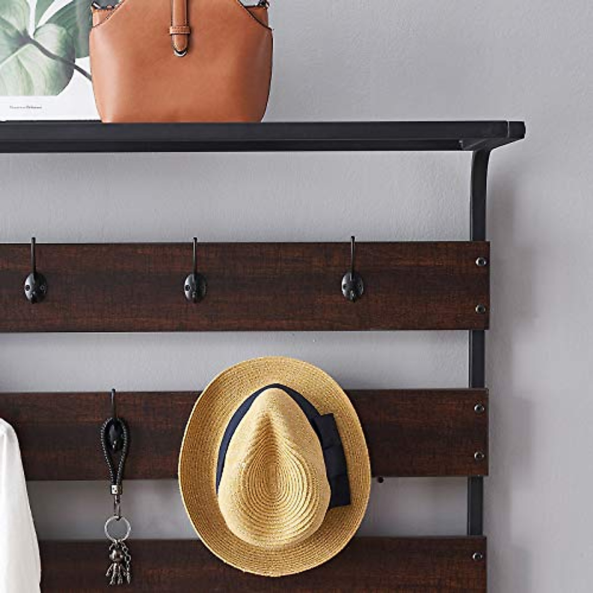 Entryway Coat Rack Bench, Modern Hall Tree with Storage Bench, Wood and Metal Hallway Bench with Coat Rack, 39x70 Inch Espresso