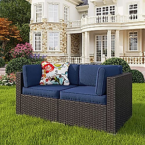 PHI VILLA 2-Piece Patio Loveseat Sofa Set with Cushions, All-Weather Use Outdoor Rattan Sectional Sofa (Navy Blue)