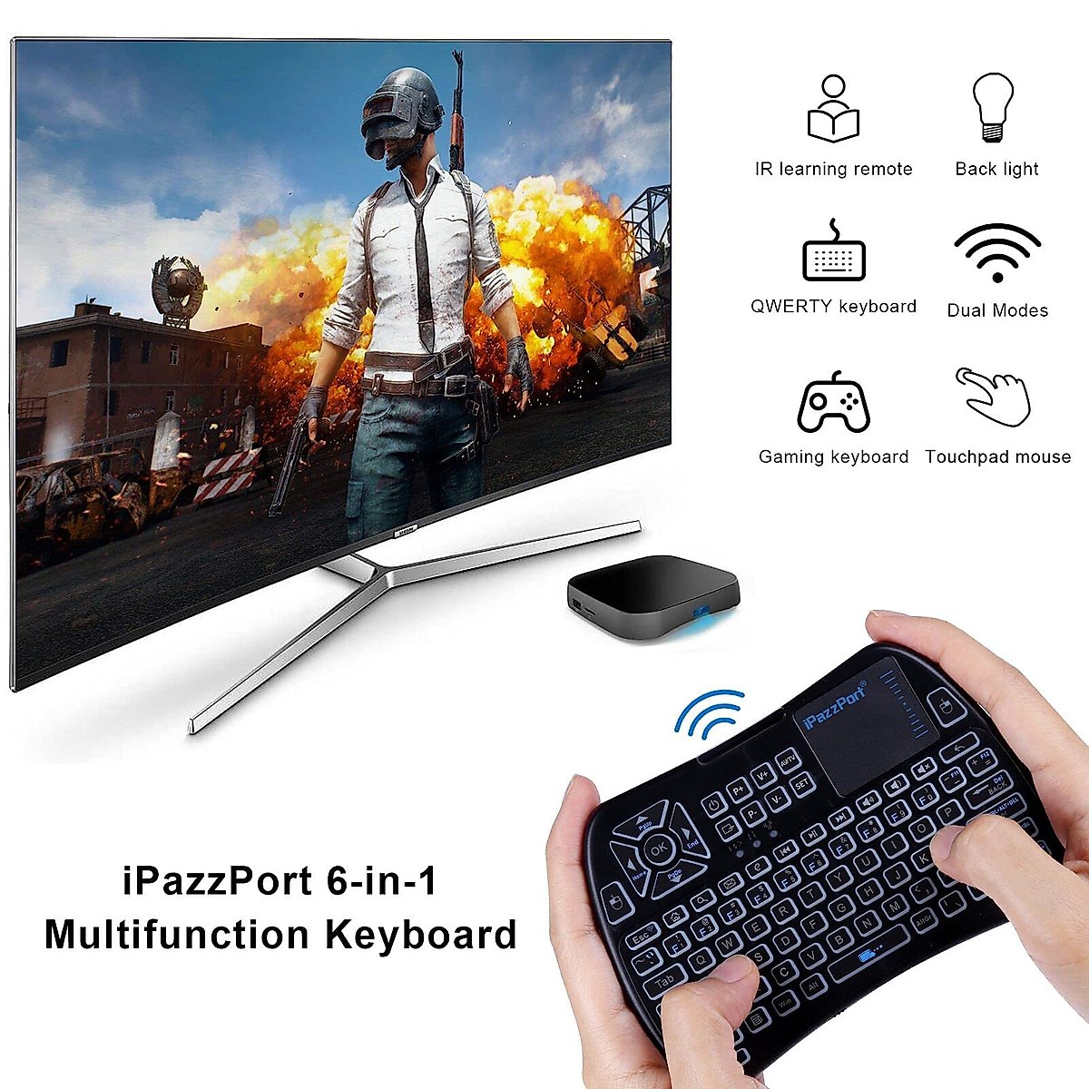 iPazzPort Bluetooth Mini Keyboard (IR Learning) Touchpad Mouse, Backlit 2.4GHz Wireless Keypad Remote Controller for Tablets, Smart TV,Fire Stick, Android TV Box KP-61SM (Bluetooth and 2.4G)
