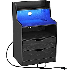 Rolanstar Nightstand with Charging Station and LED Lights, 2 AC and USB Power Outlets, Night Stand with 2 Drawers and Storage Shelves, Bedside Table for Bedroom - Black