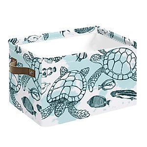 Storage Basket Gift Baskets with Handles Foldable Decorative Canvas Storage Bin for Living Room Shelves Office Clothes, 14x10x8 In(Sea Turtle)