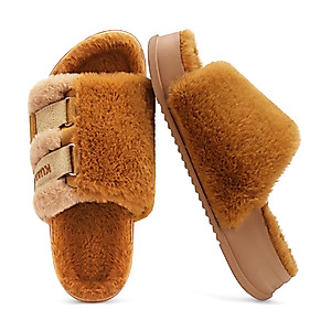 KuaiLu Womens Fuzzy Platform Open Toe Slippers with Arch Support Fluffy Furry Slides Orthotic Faux Fur Sandals house Indoor Outdoor Camel Size 9