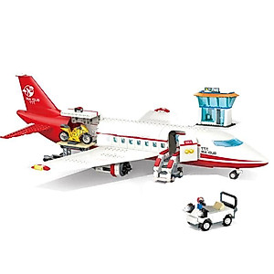 General Jim's White and Red Passenger Airplane 720 Piece Modular Building Block Bricks Toy Playset with Control Tower, Service Vehicle, and Motorcycle for Teens and Adults