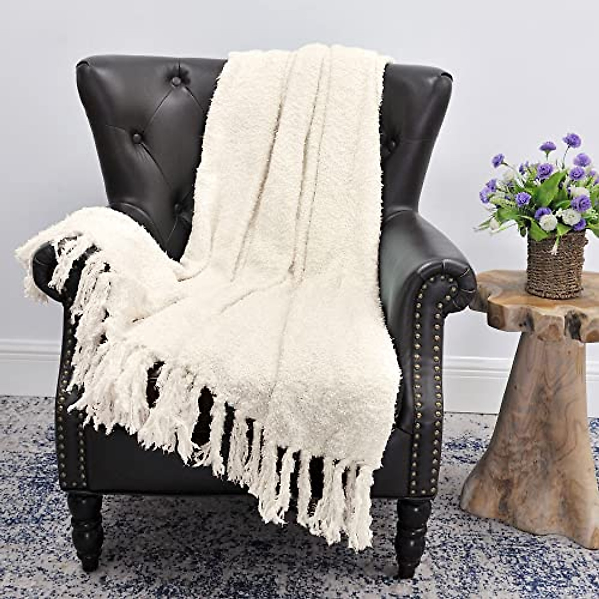 Home Soft Things White Fluffy Knitted Woven Throw Blanket, 50'' x 60'', Antique White, Lightweight Soft Cozy Comfy Decorative Throw Blanket for Couch Sofa Outdoor Indoor