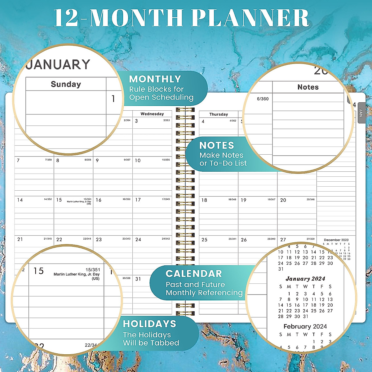 2024 Planner - Jan. 2024 - Dec. 2024, Planner 2024/Calendar 2024, 2024 Planner Weekly and Monthly with Printed Tabs, 8" x 10", Flexible Cover, Thick Paper, Perfect Daily Panner & Organizer - Blue Sand